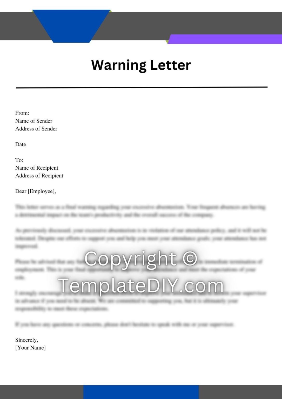 Excessive Absenteeism Warning Letter – Instant Download