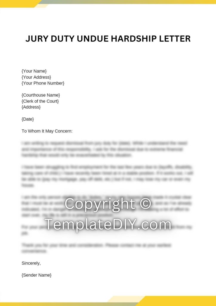 Jury Duty Exemption Letter for Undue Hardship | Word Template