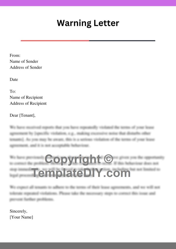 Lease Violation Warning Letter Sample with Examples [Word]