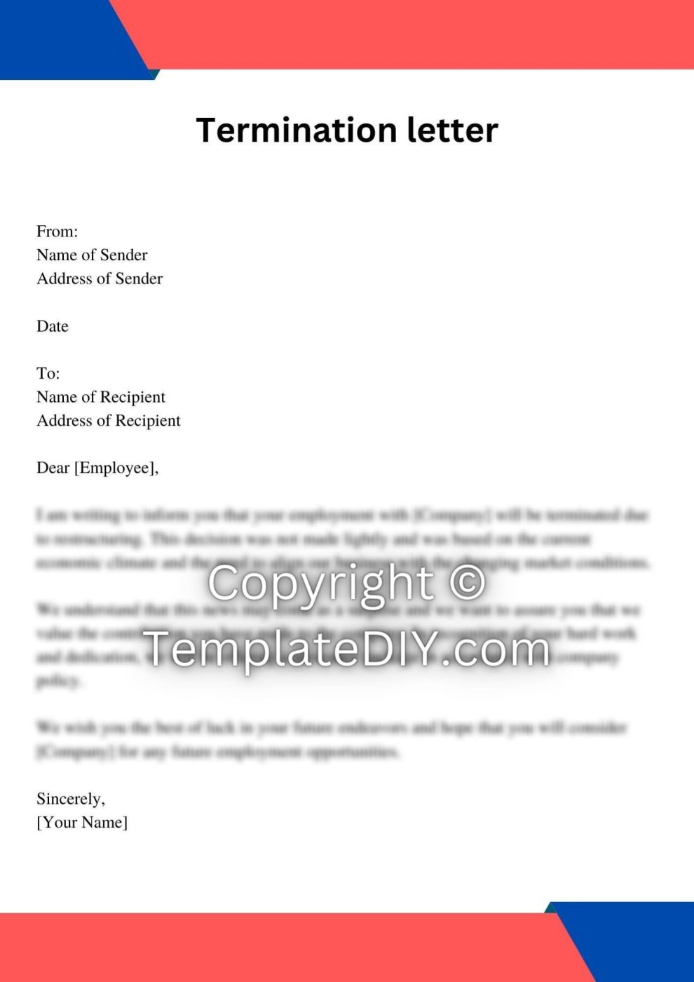 Letter of Termination of Employment Due to Restructuring