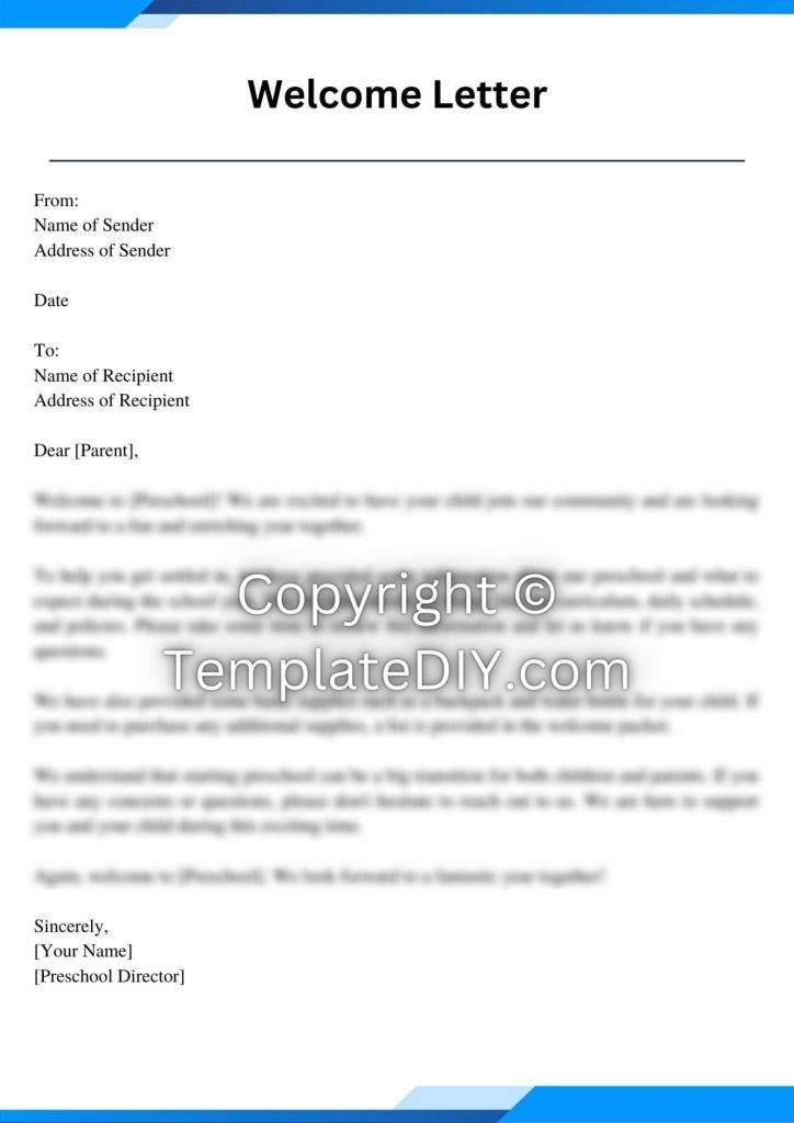 Preschool Welcome Letter Sample and Examples [Word]