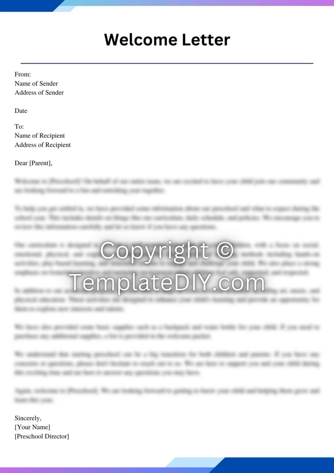 Preschool Welcome Letter Sample and Examples [Word]