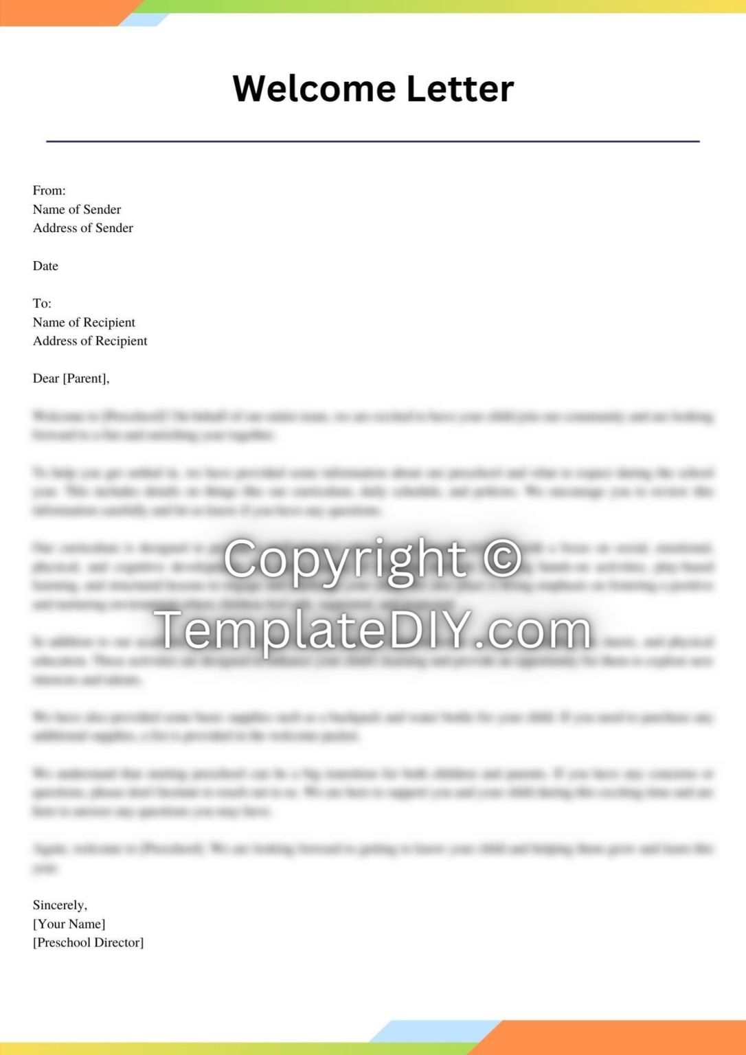 Preschool Welcome Letter Sample and Examples [Word]