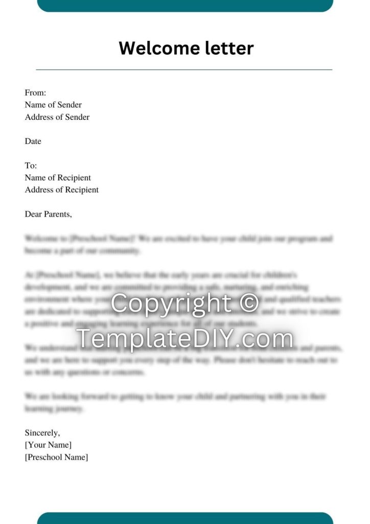 Preschool Welcome Letter to Parents Sample and Examples