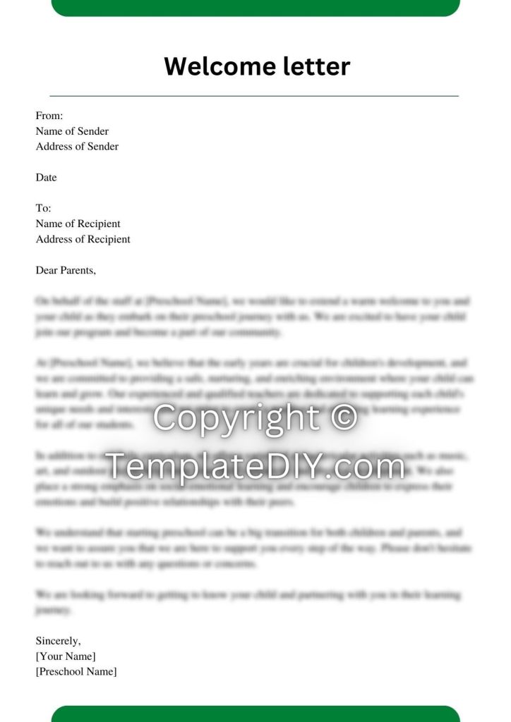 Preschool Welcome Letter to Parents Sample and Examples
