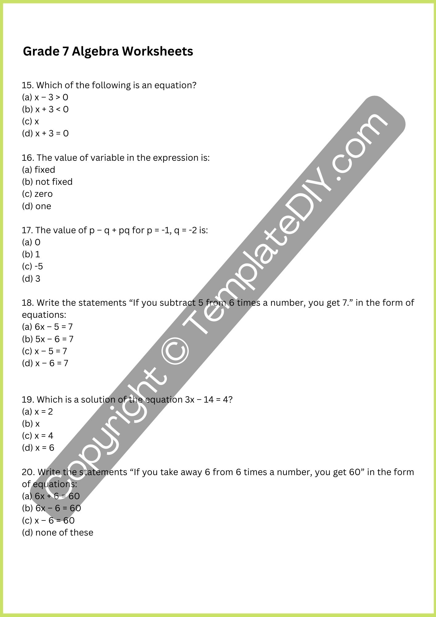 7th Grade Algebra Worksheets Printable