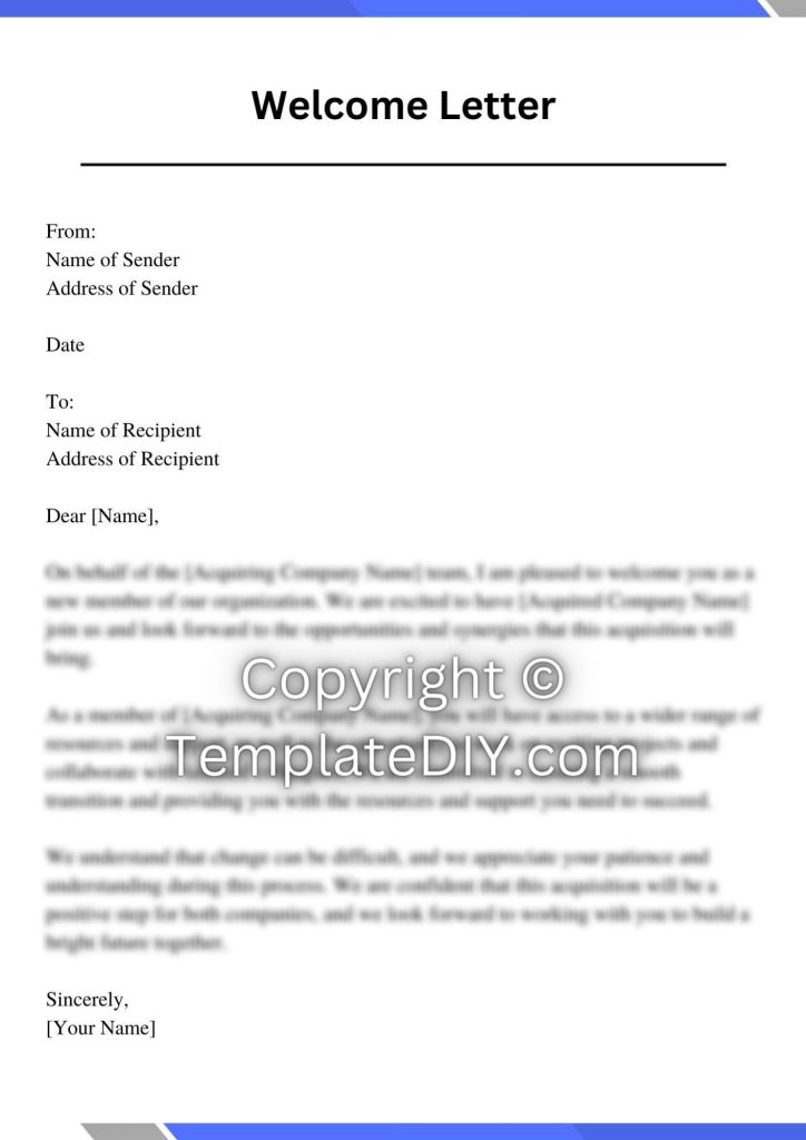 Acquisition Welcome Letter Template | Download Sample