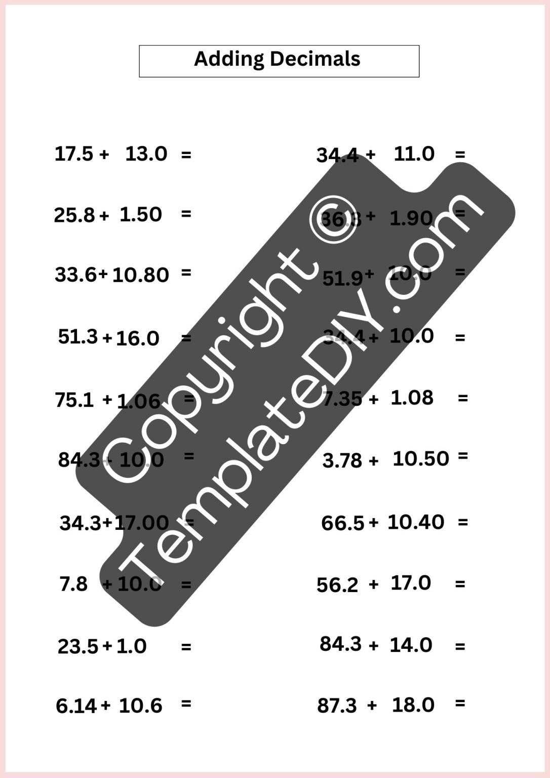 Adding Decimals Worksheet Printable Template PDF, Word