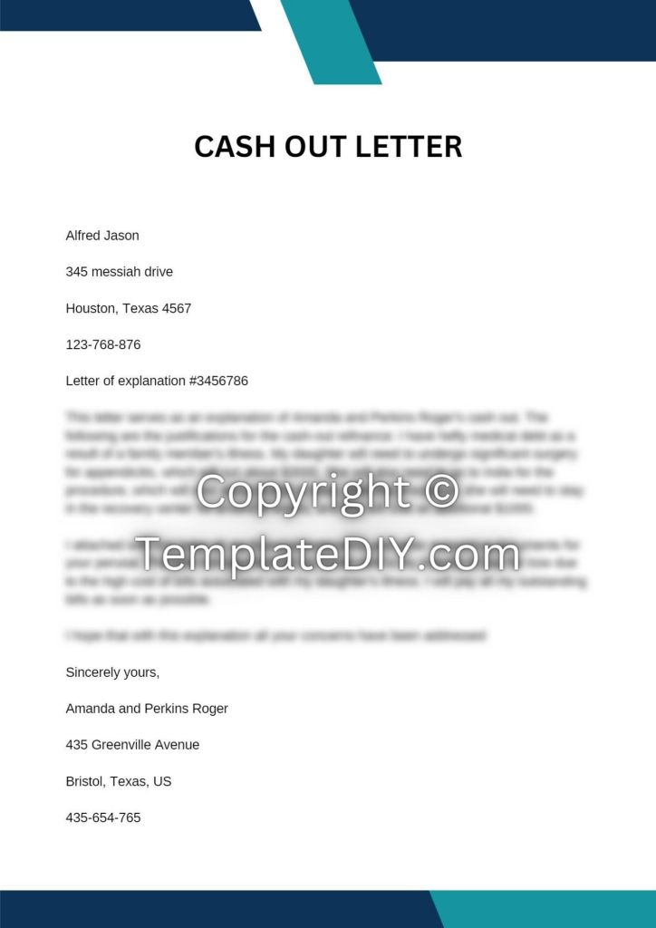 Cash Out Letter of Explanation Sample Template with Examples