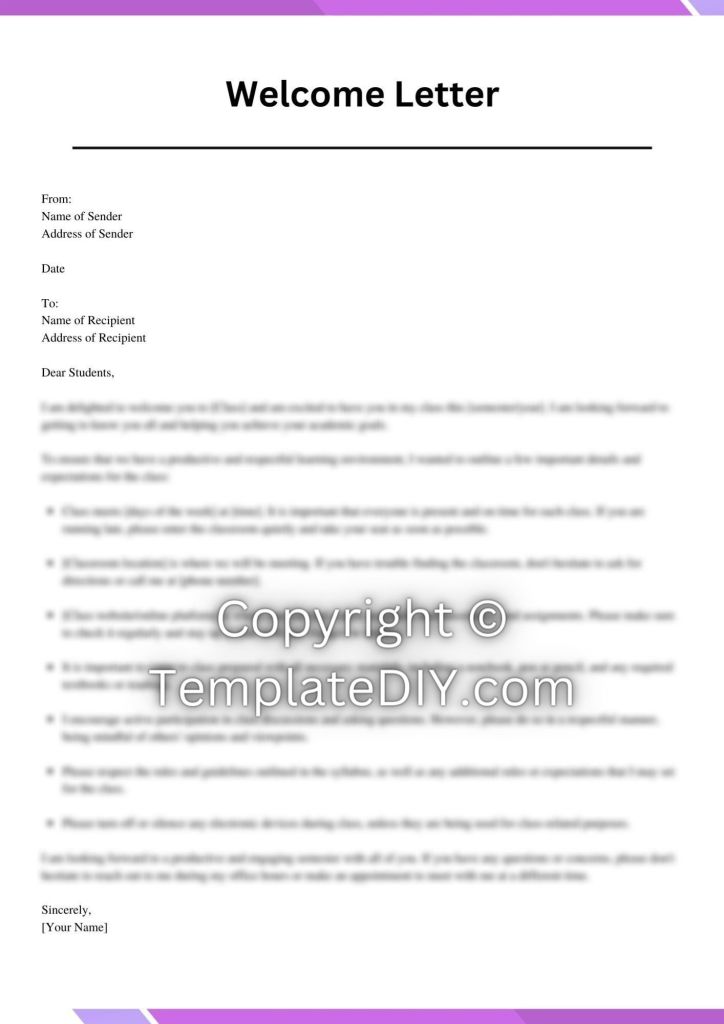 Classroom Welcome Letter Sample with Examples [Word]