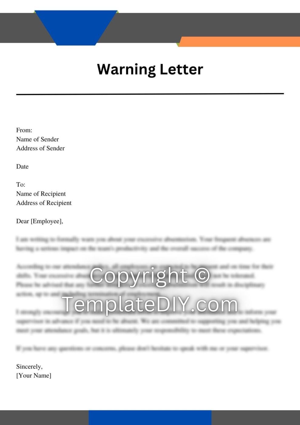 Excessive Absenteeism Warning Letter – Instant Download