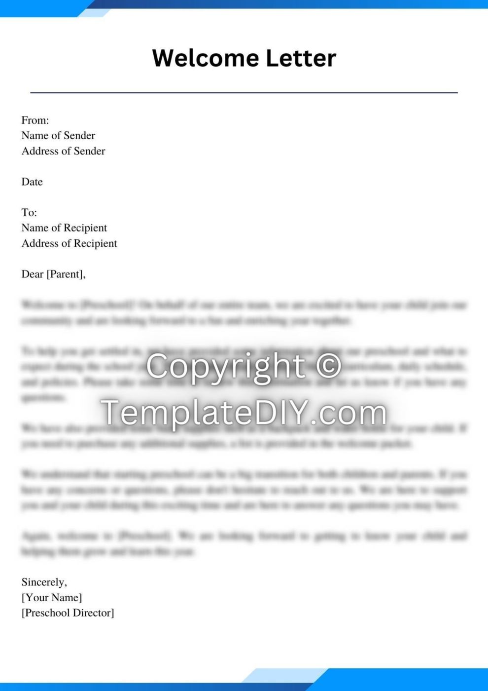 Preschool Welcome Letter Sample and Examples [Word]