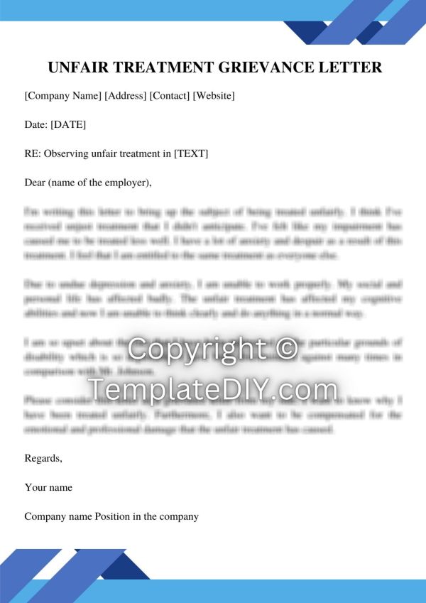 Unfair Treatment Grievance Letter Sample Template Examples
