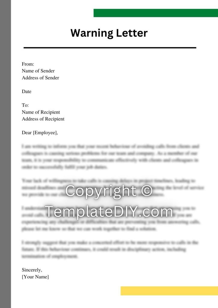 Warning Letter for Call Avoidance Sample Template Examples