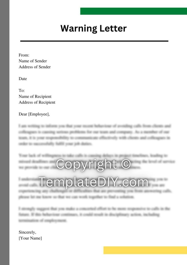 Warning Letter for Call Avoidance Sample Template Examples