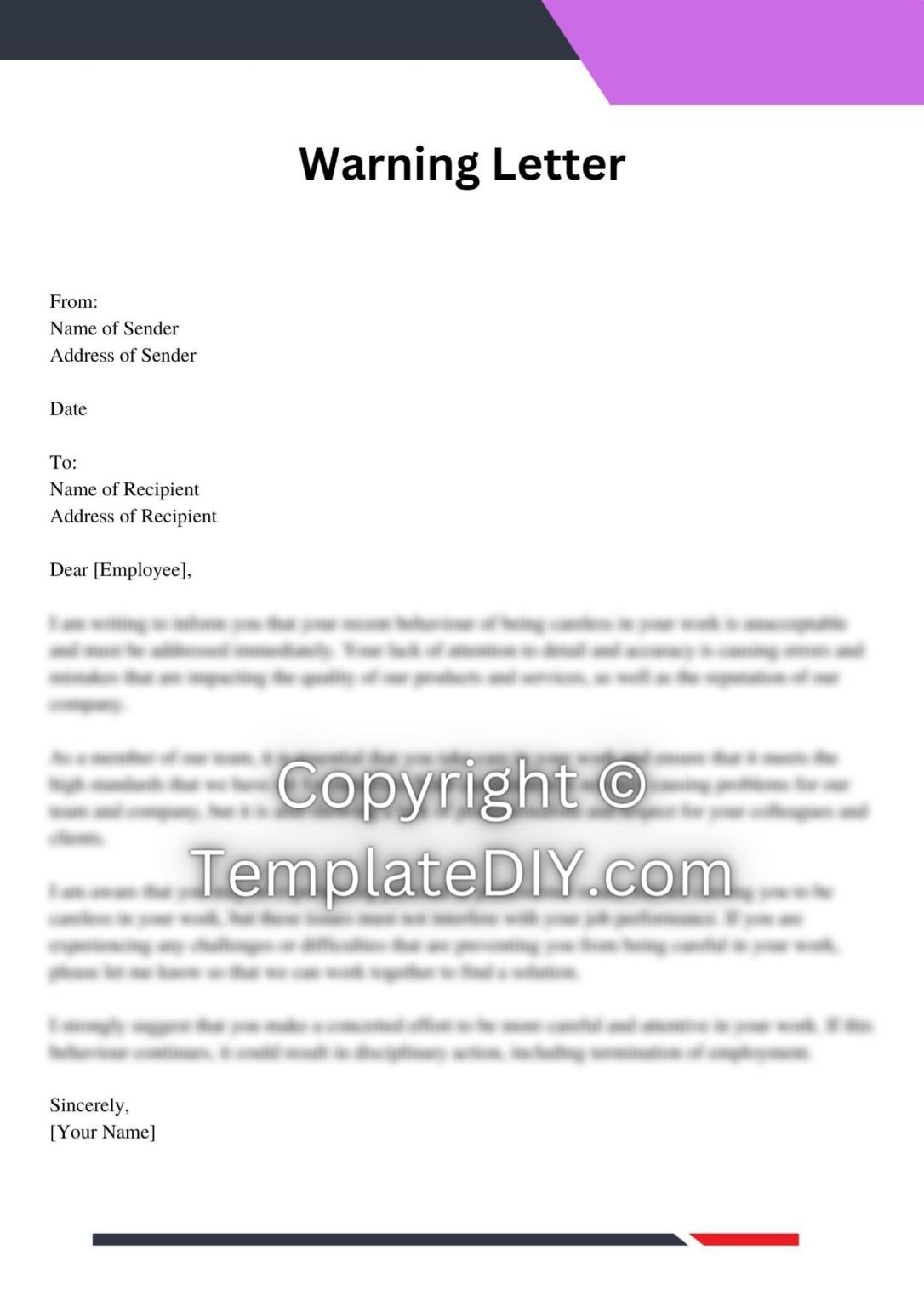 Warning Letter for Carelessness in Work Sample and Examples