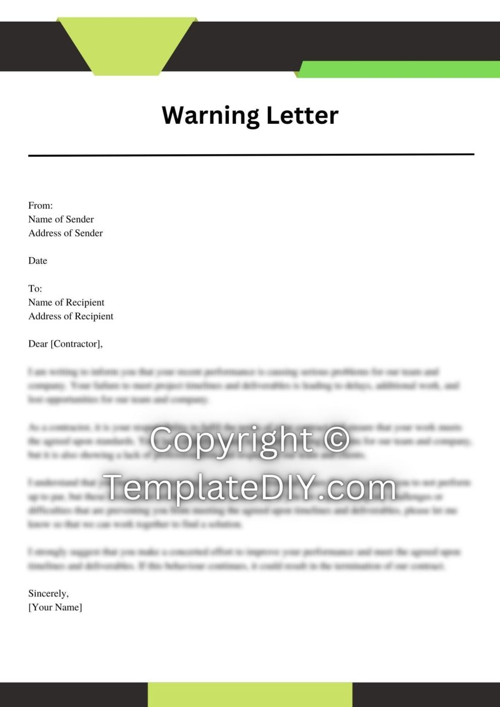 Warning Letter for Contractor for Not Performing Sample