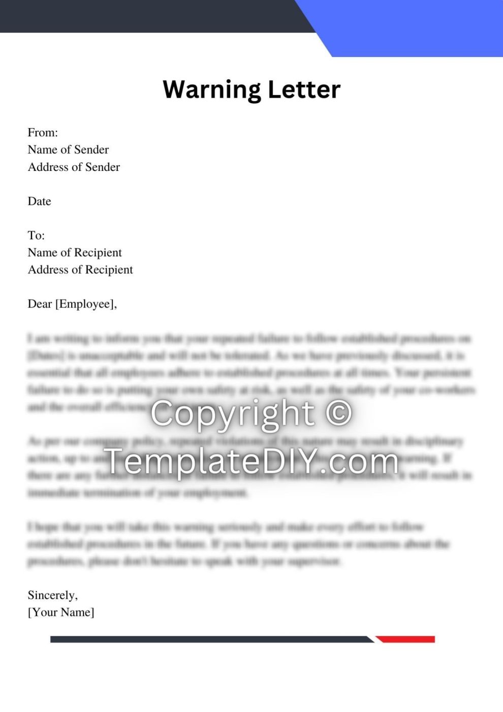 Warning Letter for Not Following the Procedure Sample [Word]