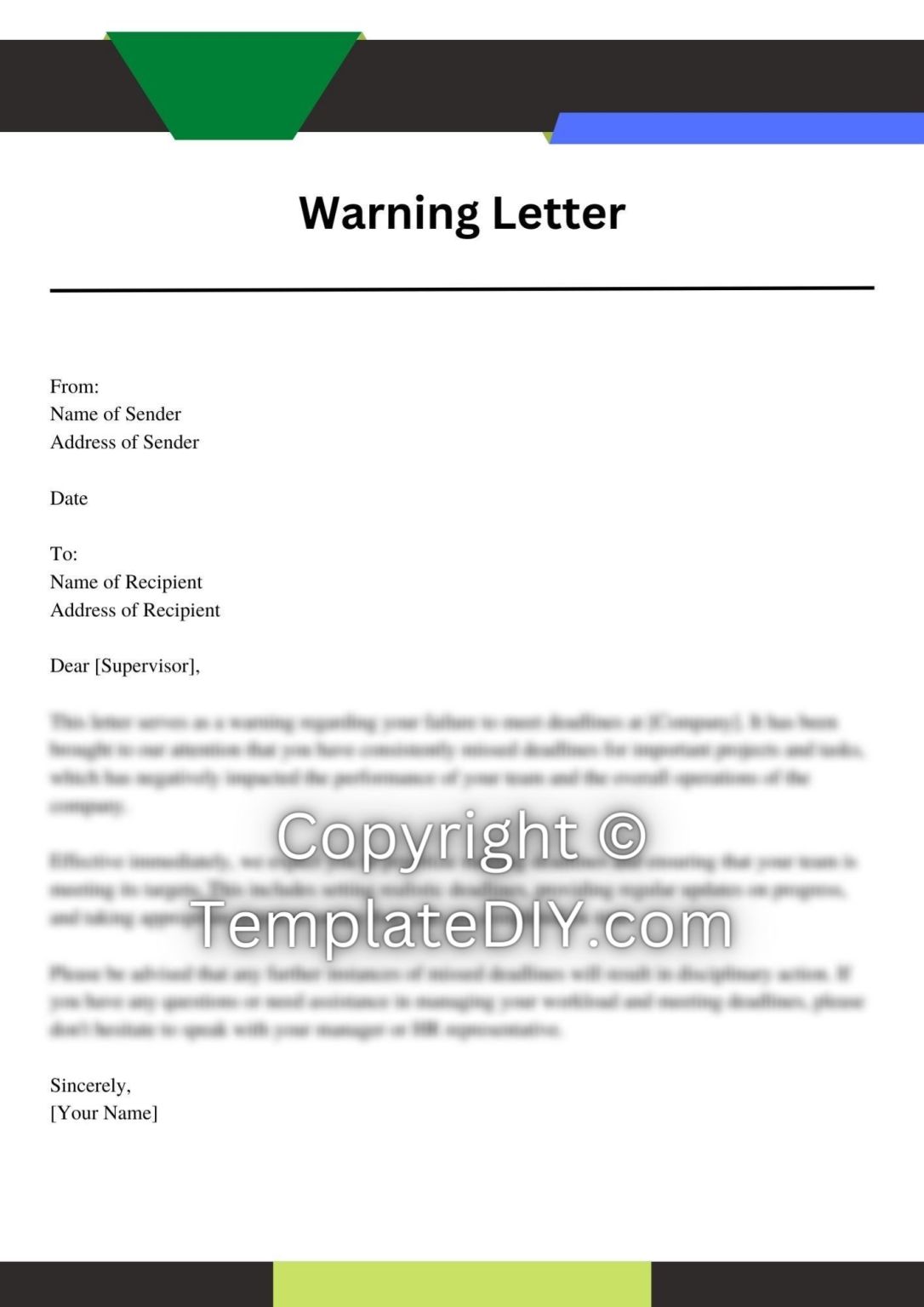 Warning Letter to Supervisor for Poor Performance Sample