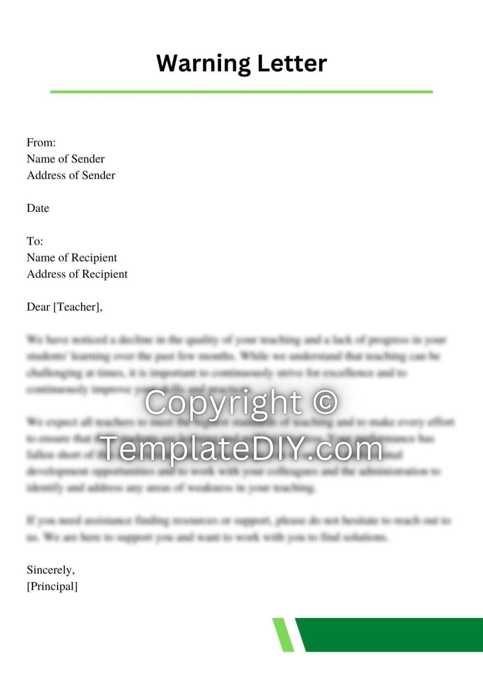 Warning Letter to Teacher for Poor Performance Sample [Word]