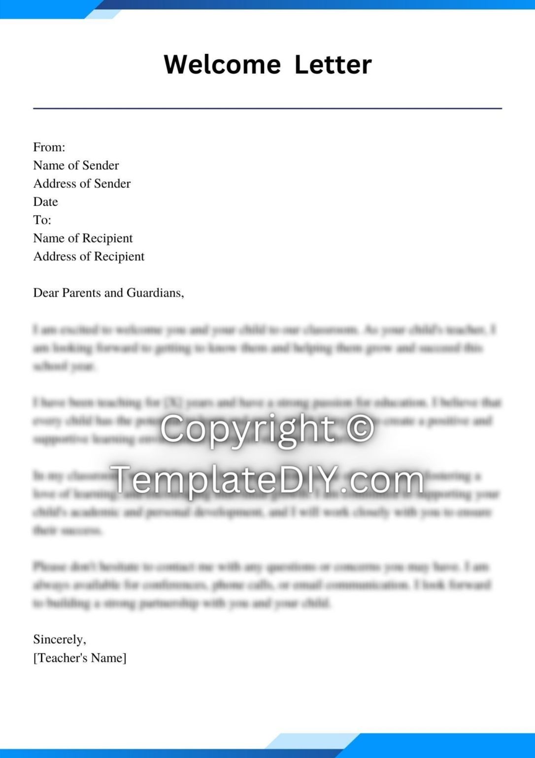 Welcome Letter to Parents from Teacher Sample [Word]