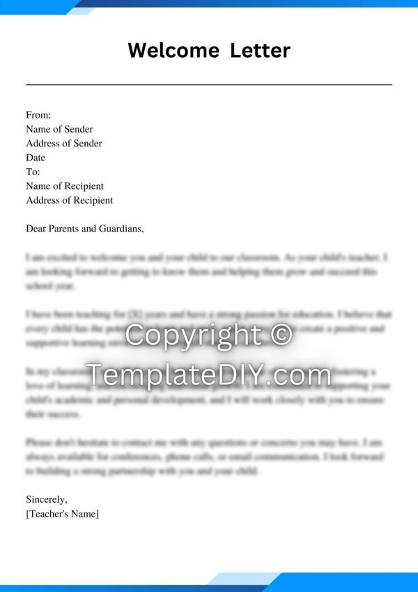 Welcome Letter to Parents from Teacher Sample [Word]