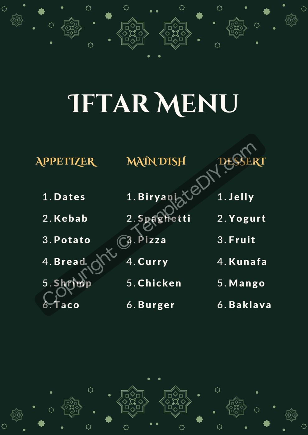 Daily Ramadan Iftar Time Table Menu Printable Template PDF