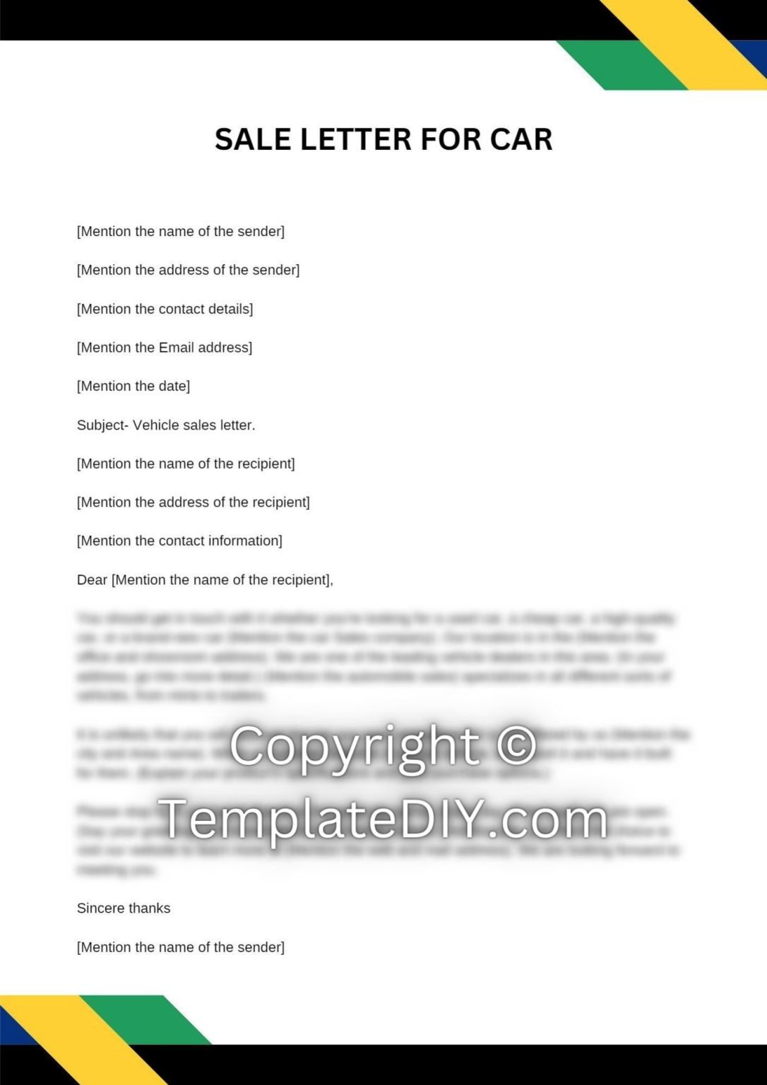Car Sale Letter Sample & Template | Instant Download