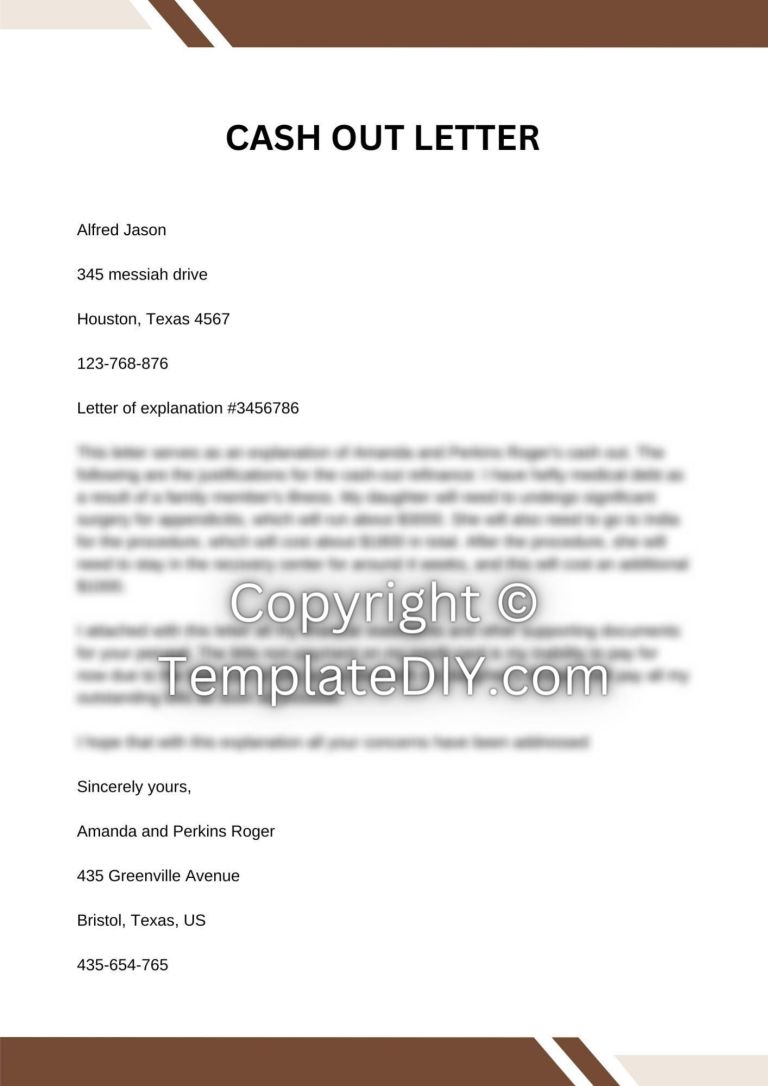 Cash Out Letter of Explanation Sample Template with Examples
