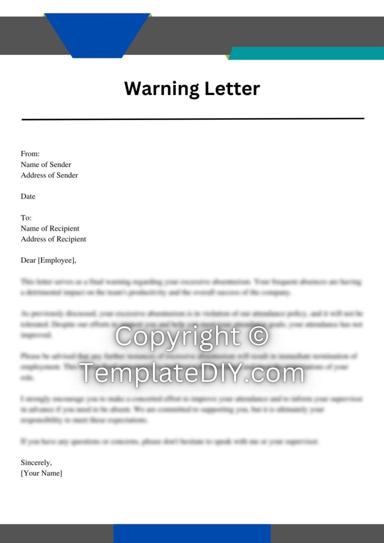 Excessive Absenteeism Warning Letter – Instant Download