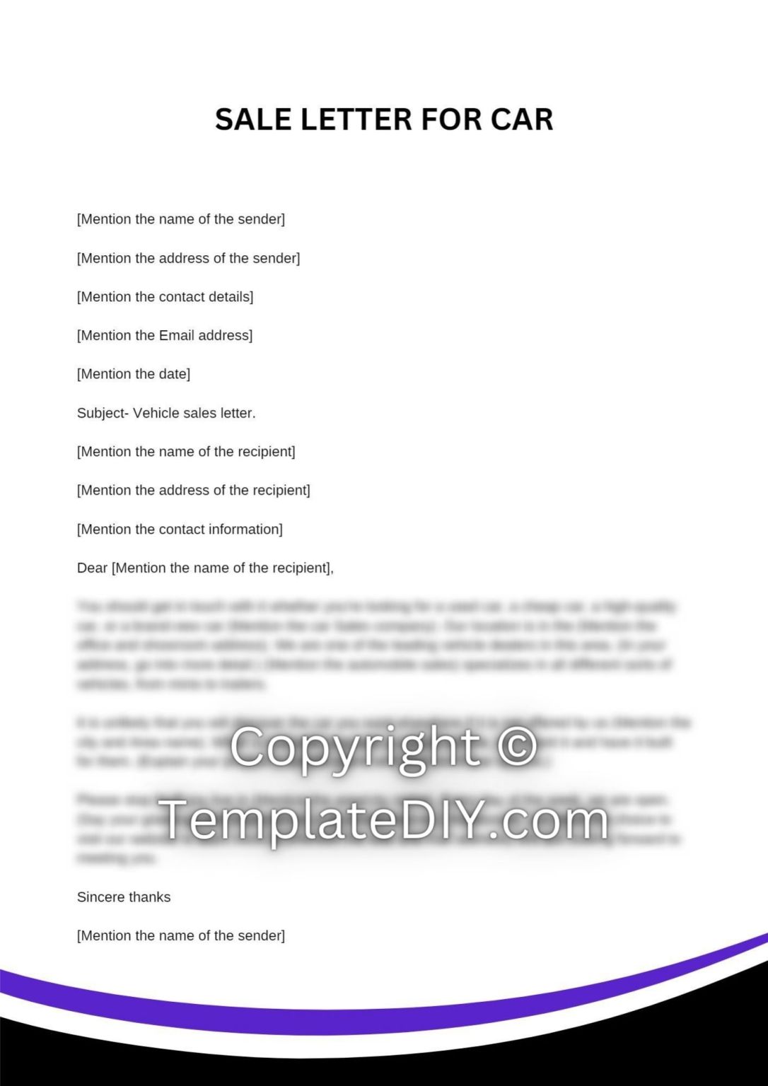 Car Sale Letter Sample & Template | Instant Download
