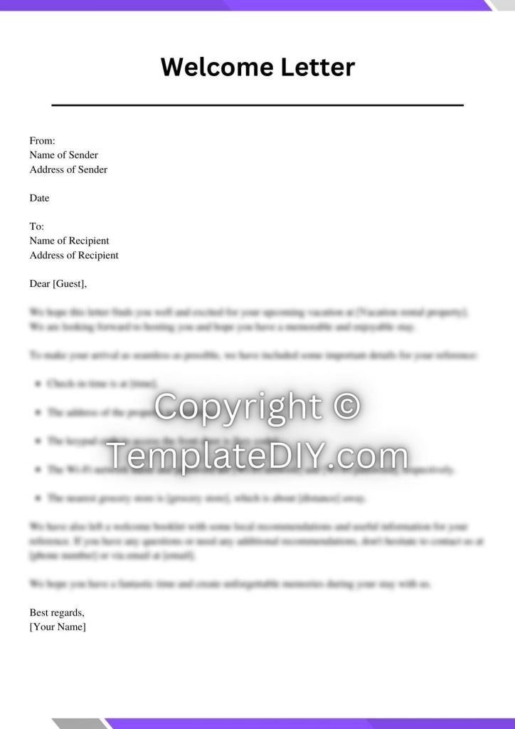 Vacation Rental Welcome Letter Sample with Examples [Word]