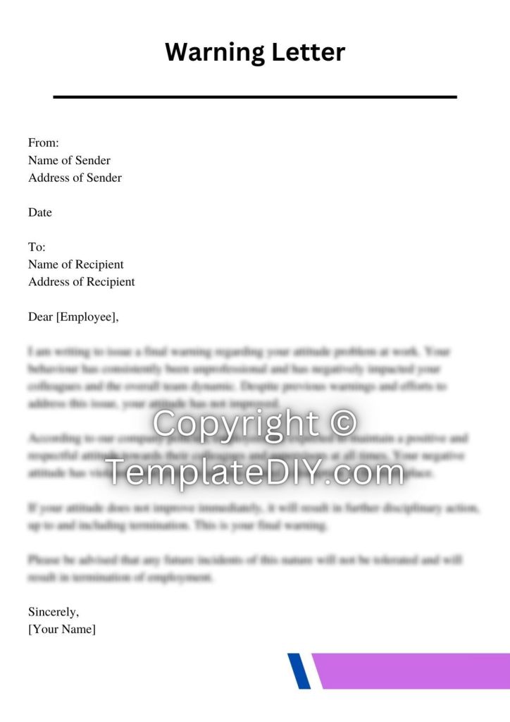 Warning Letter for Attitude Problem Sample with Examples