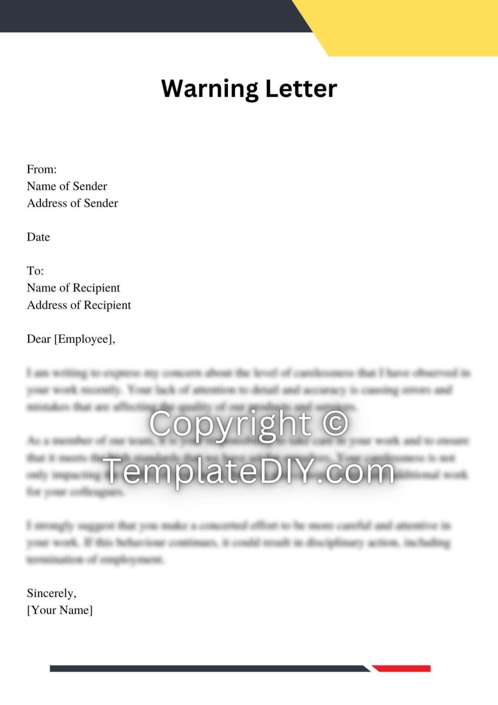 Warning Letter for Carelessness in Work Sample and Examples