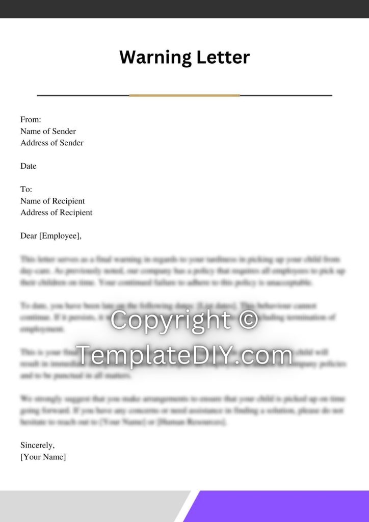 Warning Letter for Late Pick Up Template (PDF/Word)