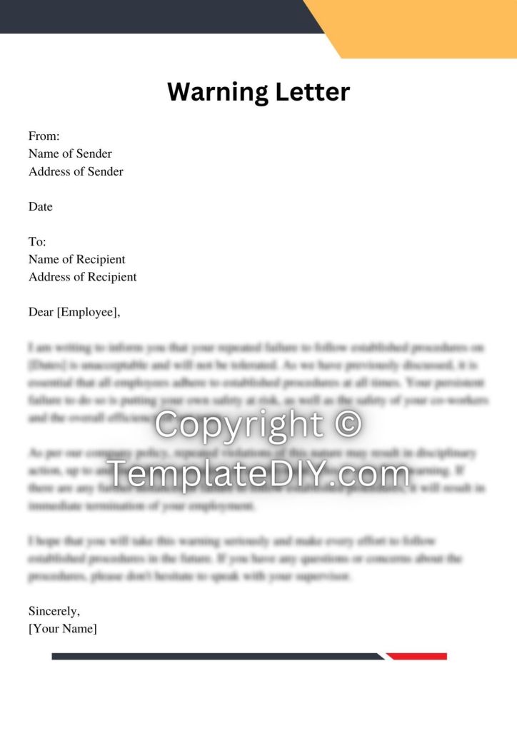 Warning Letter for Not Following the Procedure Sample [Word]