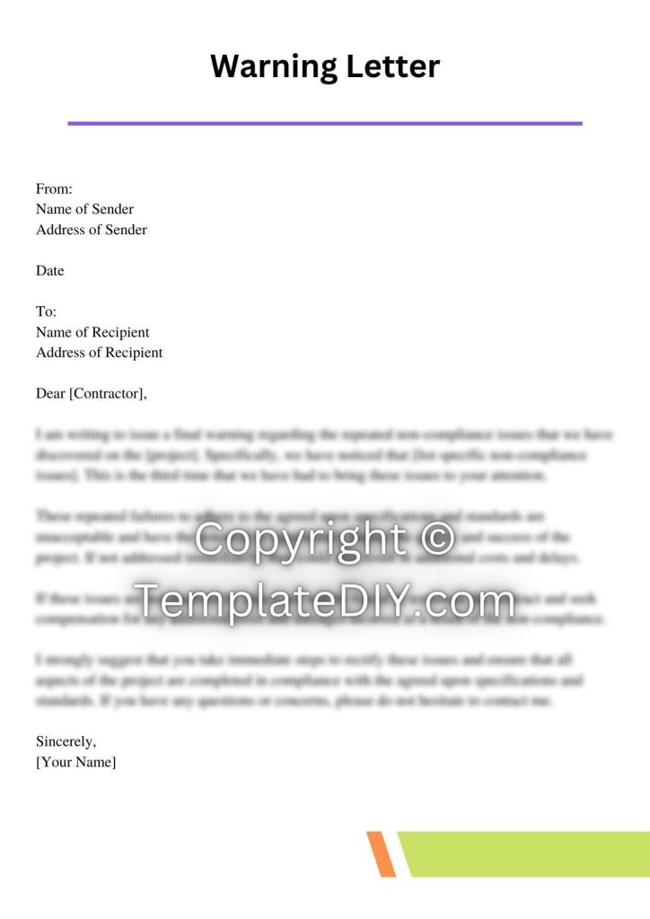 Warning Letter to Contractor for Non Compliance Sample