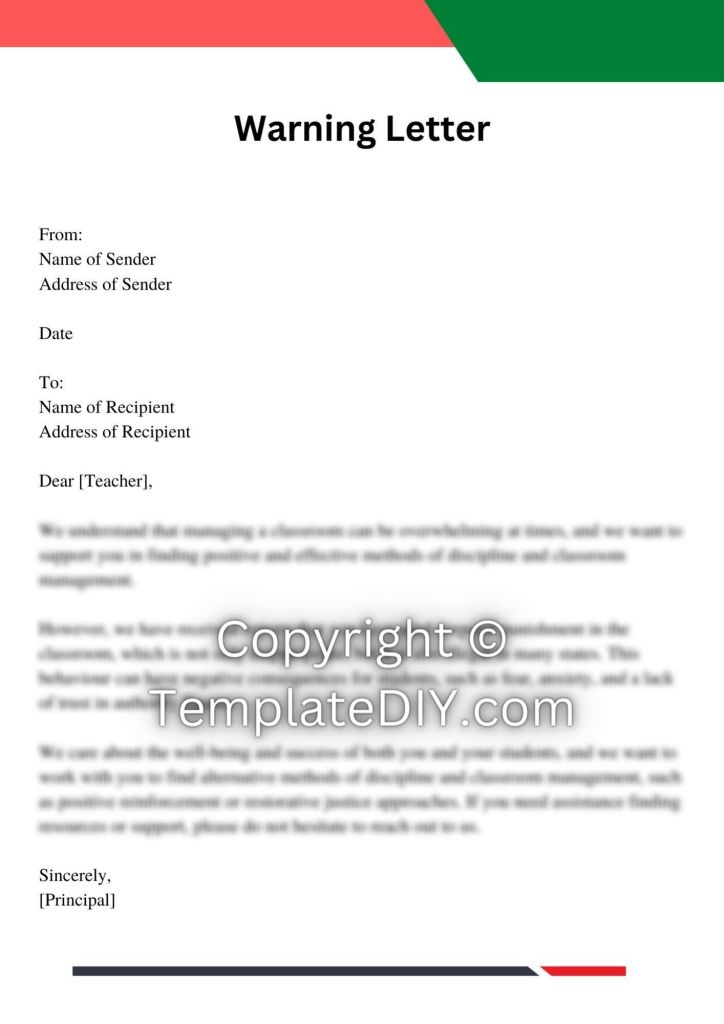 Warning Letter to Teacher for Corporal Punishment Sample