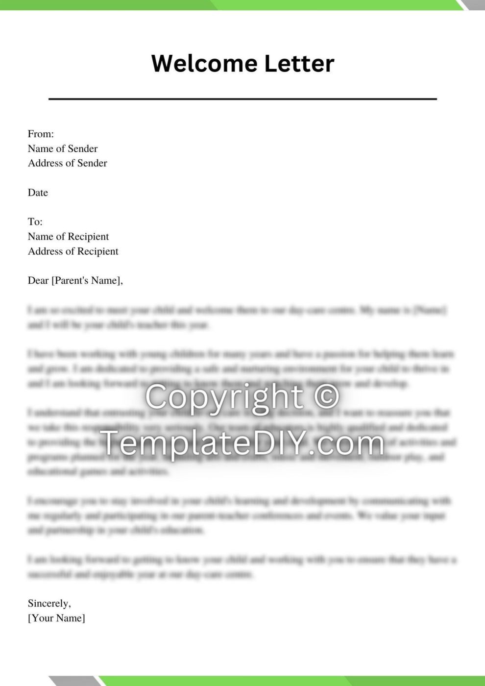 Welcome Letter to Parents from Daycare Teacher Sample