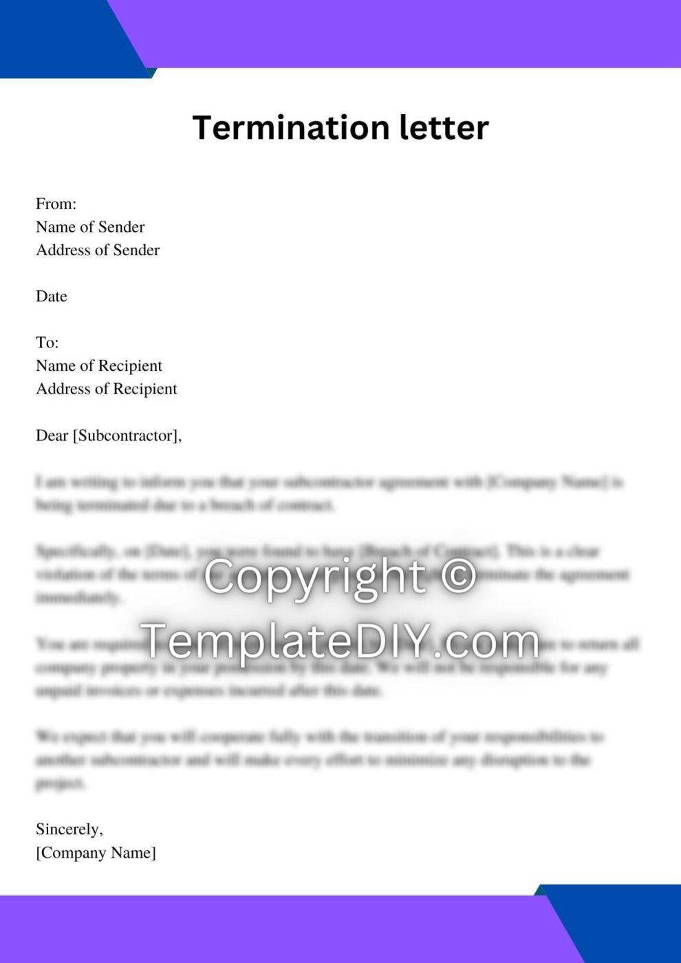 Termination of Subcontractor Agreement Letter Template