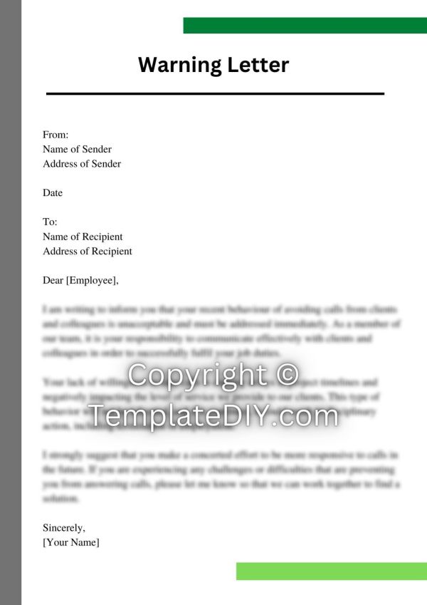 Warning Letter for Call Avoidance Sample Template Examples