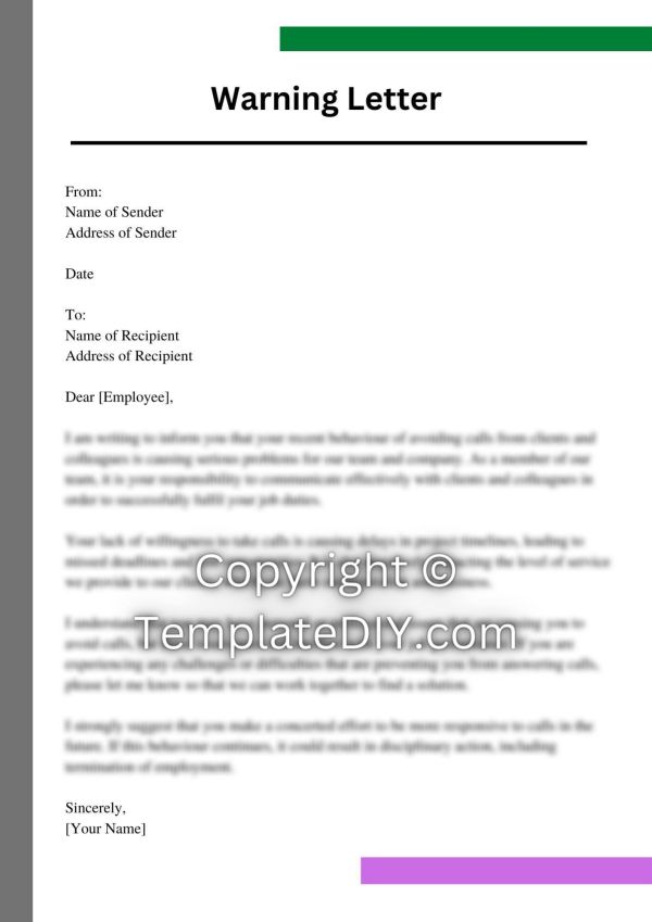Warning Letter for Call Avoidance Sample Template Examples