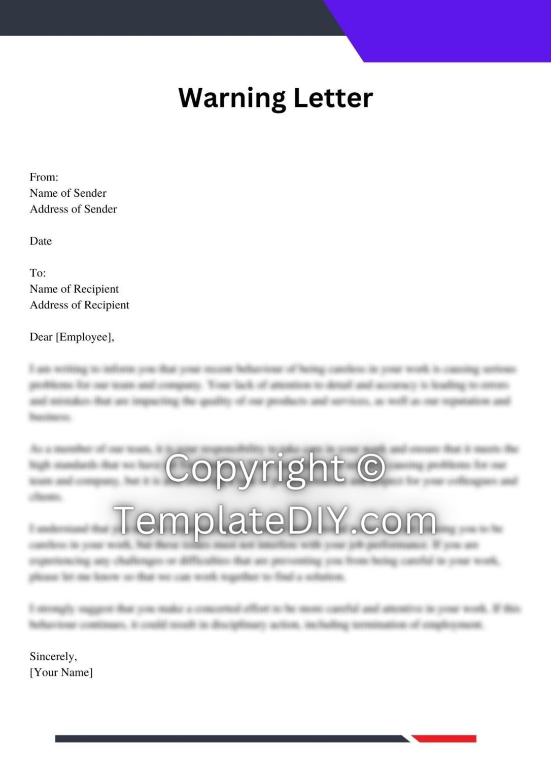 Warning Letter for Carelessness in Work Sample and Examples