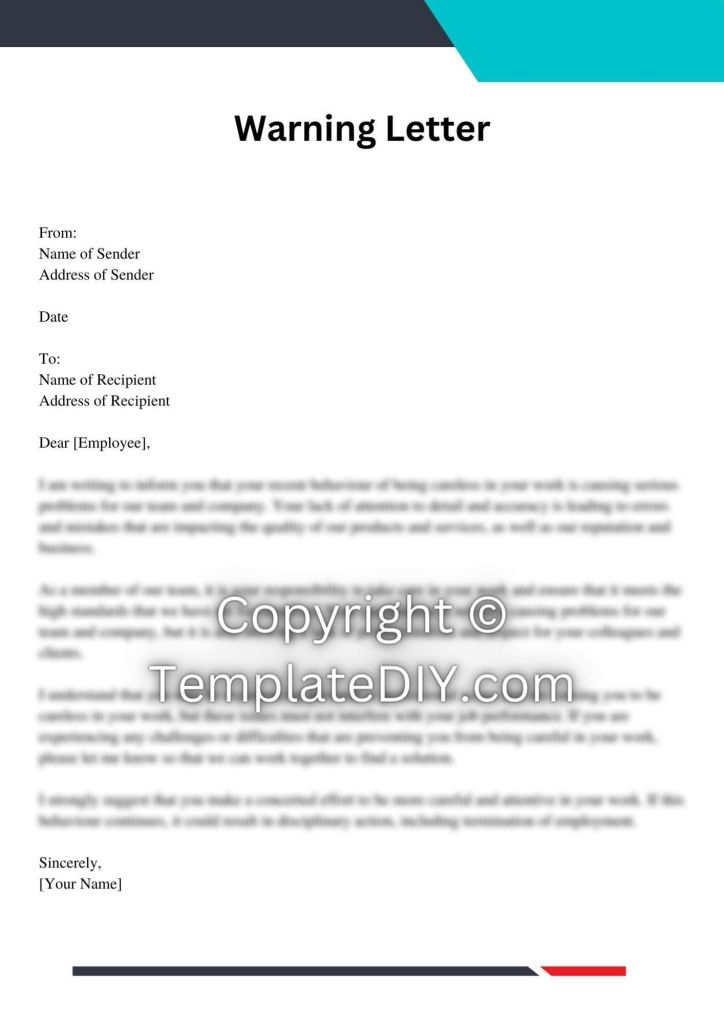 Warning Letter for Carelessness in Work Sample and Examples