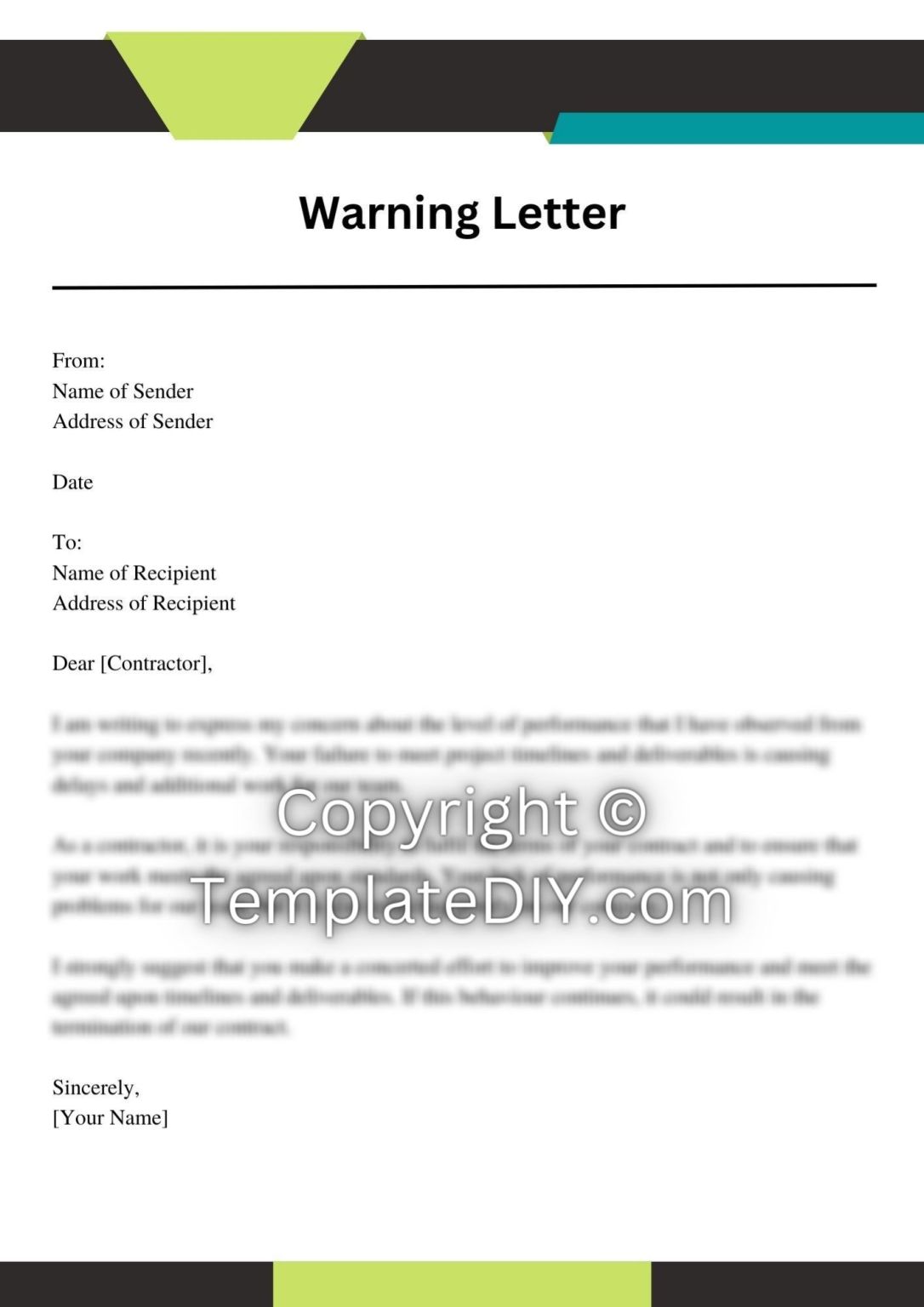 Warning Letter for Contractor for Not Performing Sample