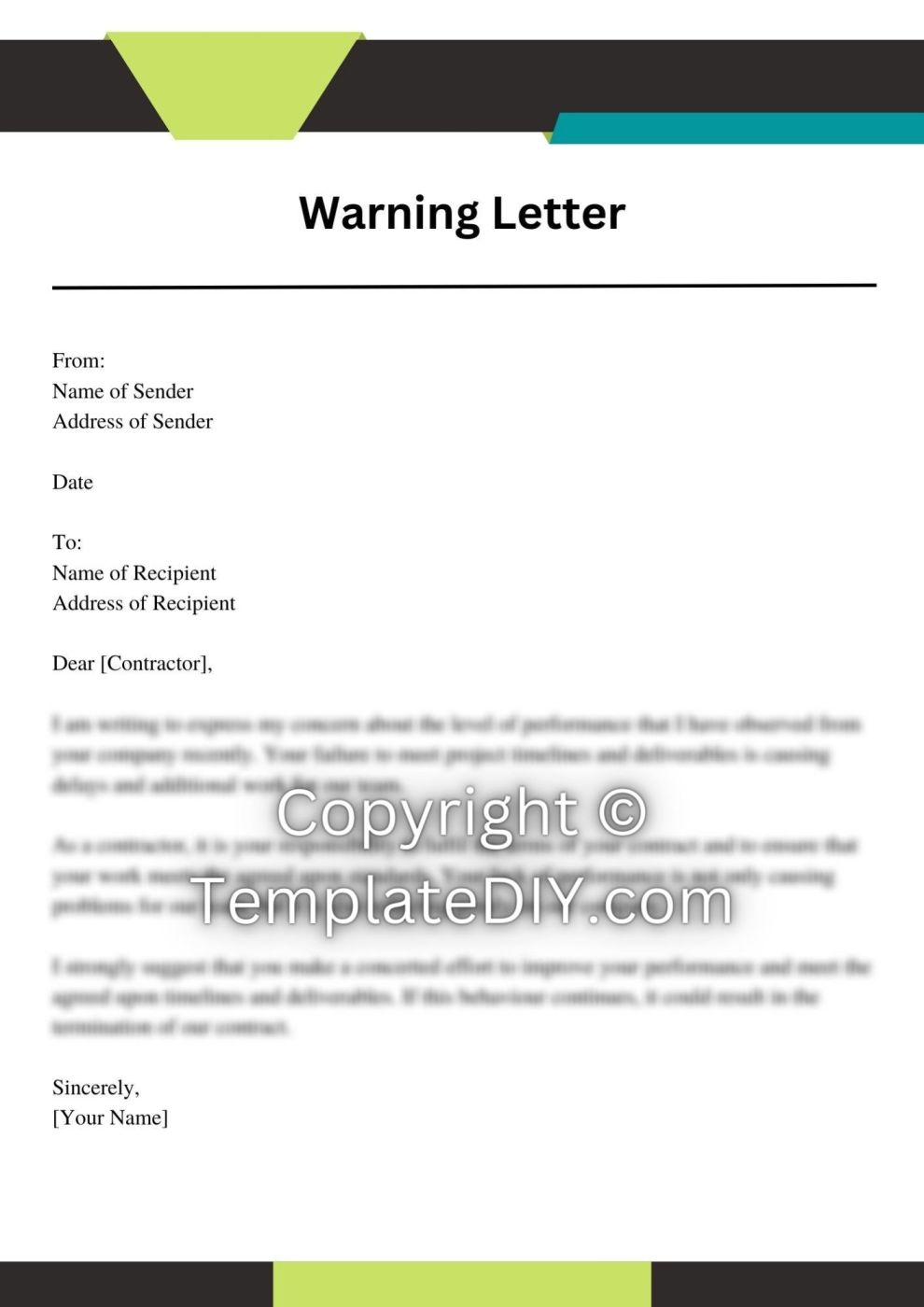 Warning Letter for Contractor for Not Performing Sample