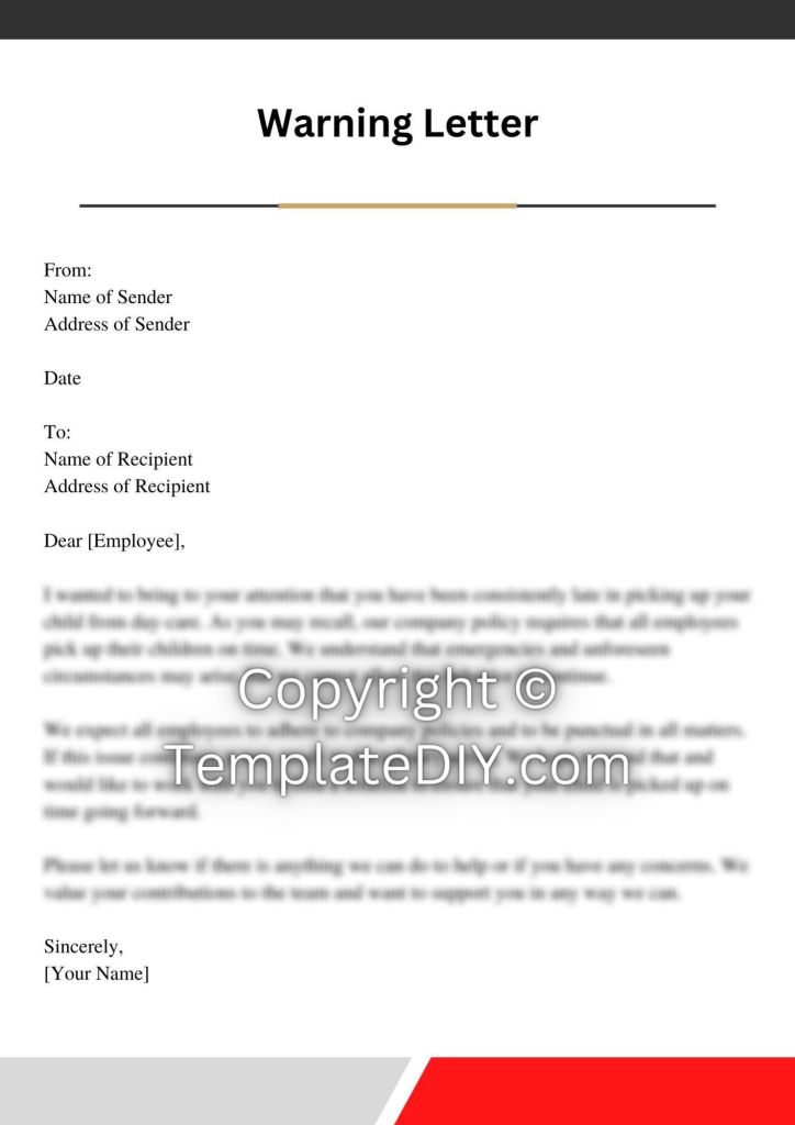 Warning Letter for Late Pick Up Template (PDF/Word)