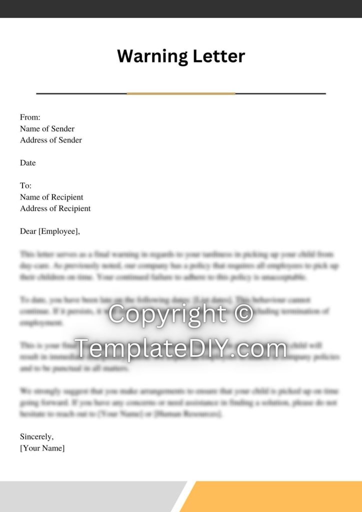 Warning Letter for Late Pick Up Template (PDF/Word)