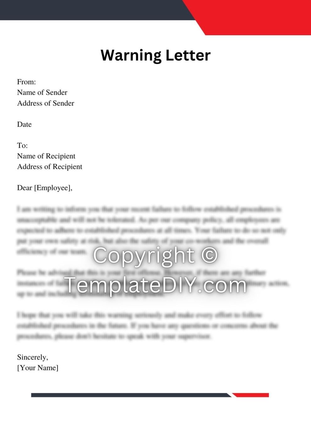Warning Letter for Not Following the Procedure Sample [Word]