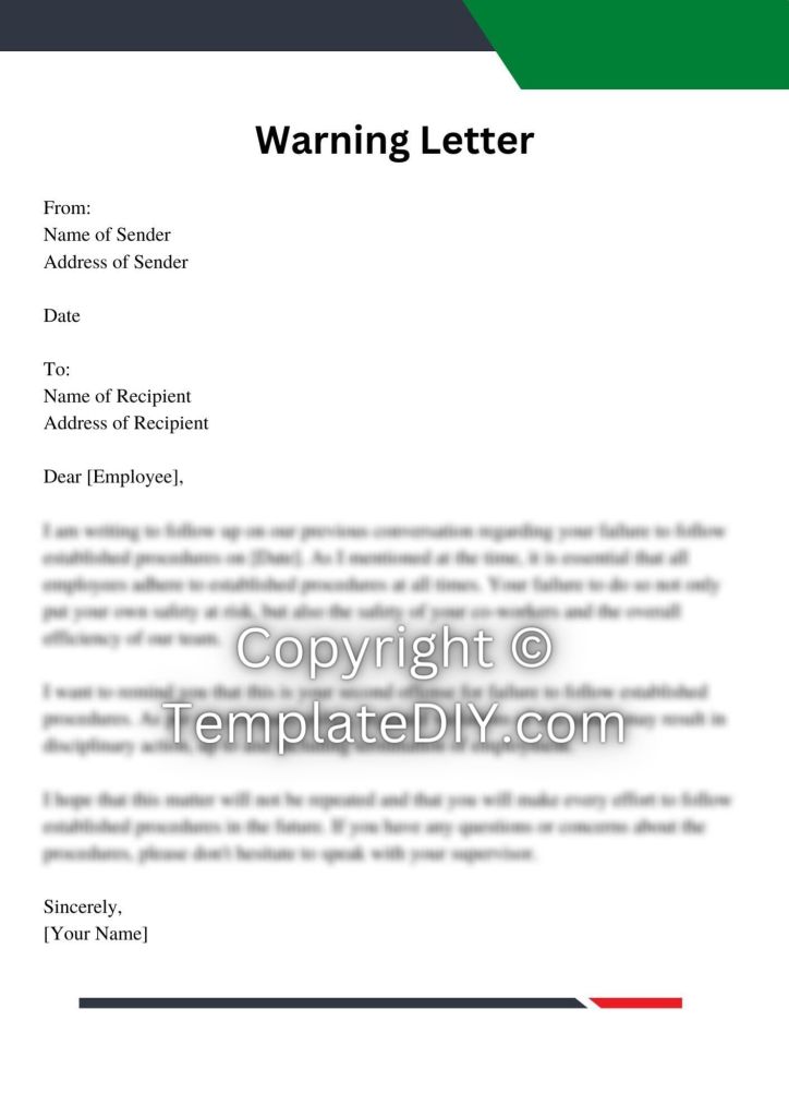 Warning Letter for Not Following the Procedure Sample [Word]